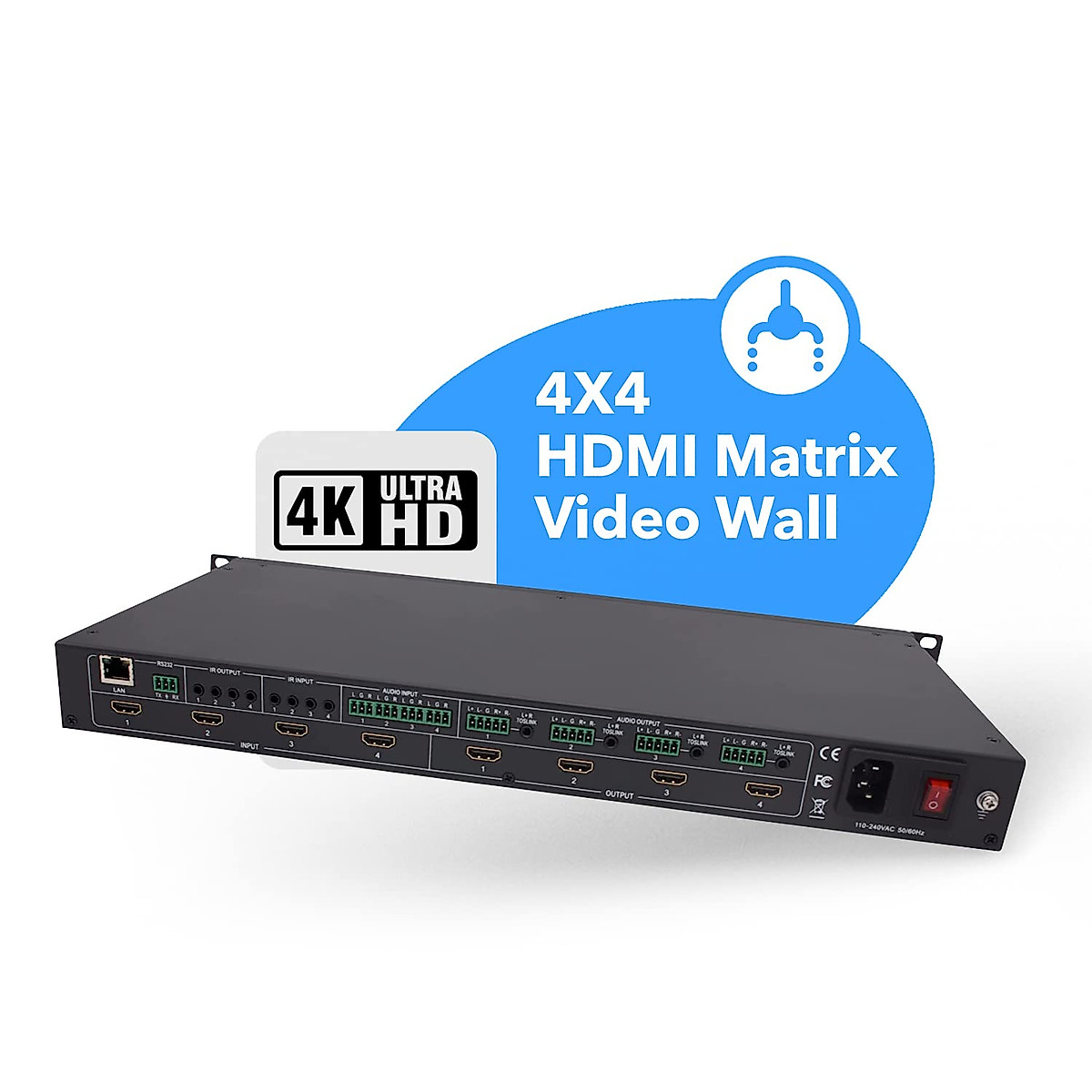 OREI Professional 4K 4X4 HDMI Matrix Video Wall, Seamless Switching HDCP 2.2 UltraHD 4K @ 60Hz 4:4:4 Switcher & IR Control, Audio Extract, RS-232 - Zero Latency 4 Displays 2x2 Video Wall @ 1080P
