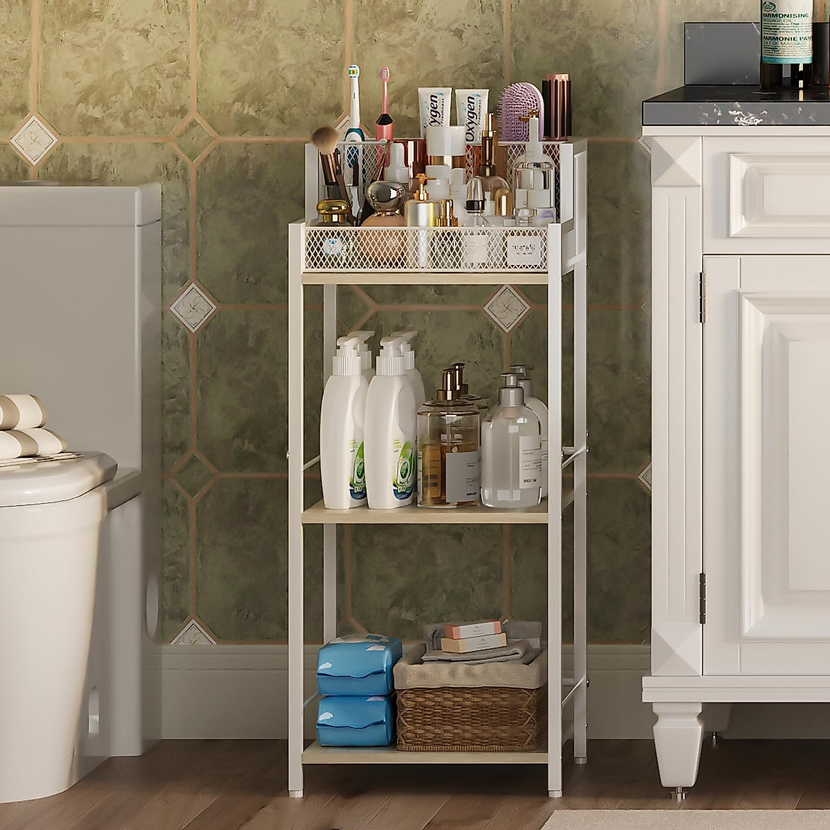 Eyteenokk 3 Tier Bathroom Floor Hair Dryer Rack,Freestanding Divided Tower Shelf,Multifunctional Shelving Unit,Bathroom Display Shelf