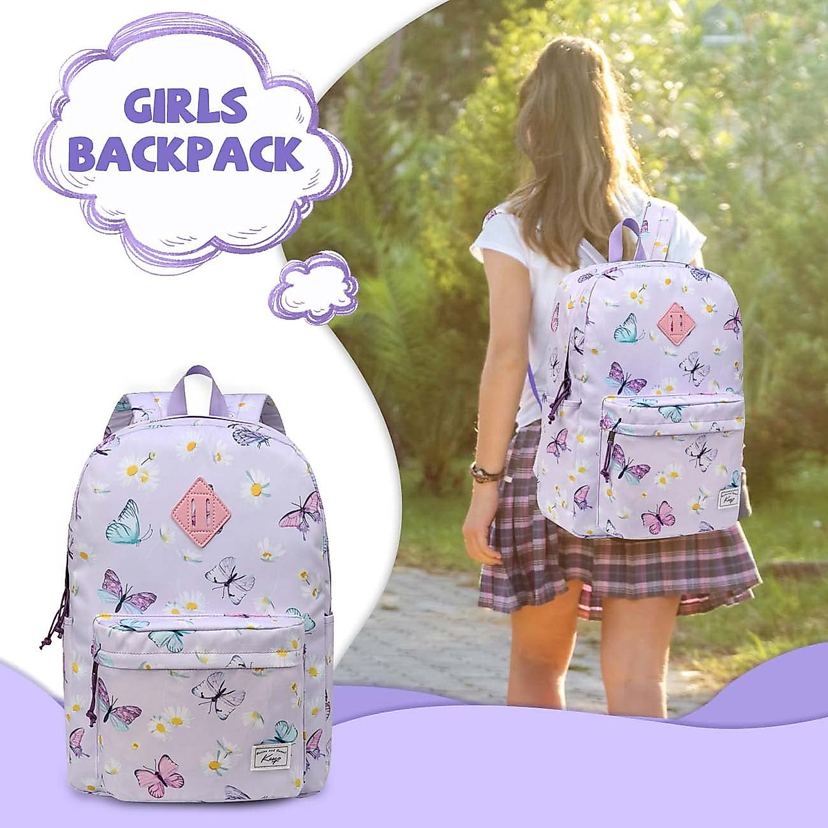 Lightweight School Backpack, Kasqo Large Capacity Water-Resistant Casual College Bookbag for Men Women Teen Girls Boys, Purple Butterfly