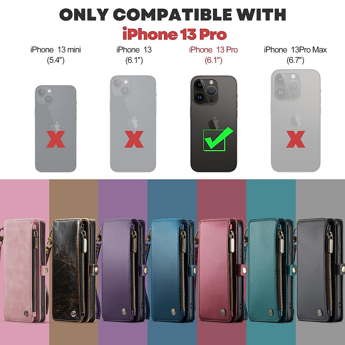 Defencase for iPhone 13 Pro Case, RFID Blocking for iPhone 13 Pro Wallet Case for Women Men with Card Holder, Zipper Magnetic Flip PU Leather Protective Cover for iPhone 13 Pro Phone Case, Wine Red