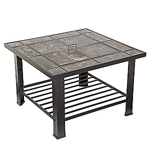 Pure Garden 588189TMQ 30" Fire Set, Wood Burning Pit-Includes Screen, Cover and Log Poker-for Outdoor and Patio, 30 inch Square Marble Tile Firepit, Black