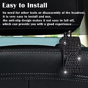 OSIFIT 2PCS Car Seat Hooks - Bling Rhinestone Headrest Hooks with Universal Design - Perfect for Holding Handbags, Clothes, Purses, and Water Bottles - Black