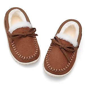 Scurtain Unisex Kids Toddler Slippers Suede Moccasin Slippers for Boys Girls Baby Lined with Warm Fur Slippers for Toddler Girls Solid Brown 8.5 Toddler
