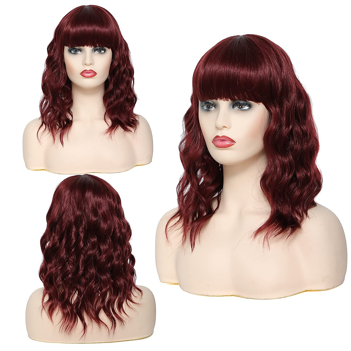 Red Burgundy Short Wavy Wigs with Bangs for Women, Wine Red Curly Shoulder Length, Bob Wigs for Women, Heat Resistant Fiber Natural Wigs for Daily Using