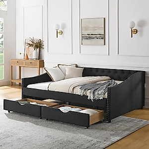 Flieks Linen Upholstered Full Daybed with Two Storage Drawers, Full Size Button Tufted Sofa Bed Daybed with Nailhead Trim and Wood Slat Support (Black)