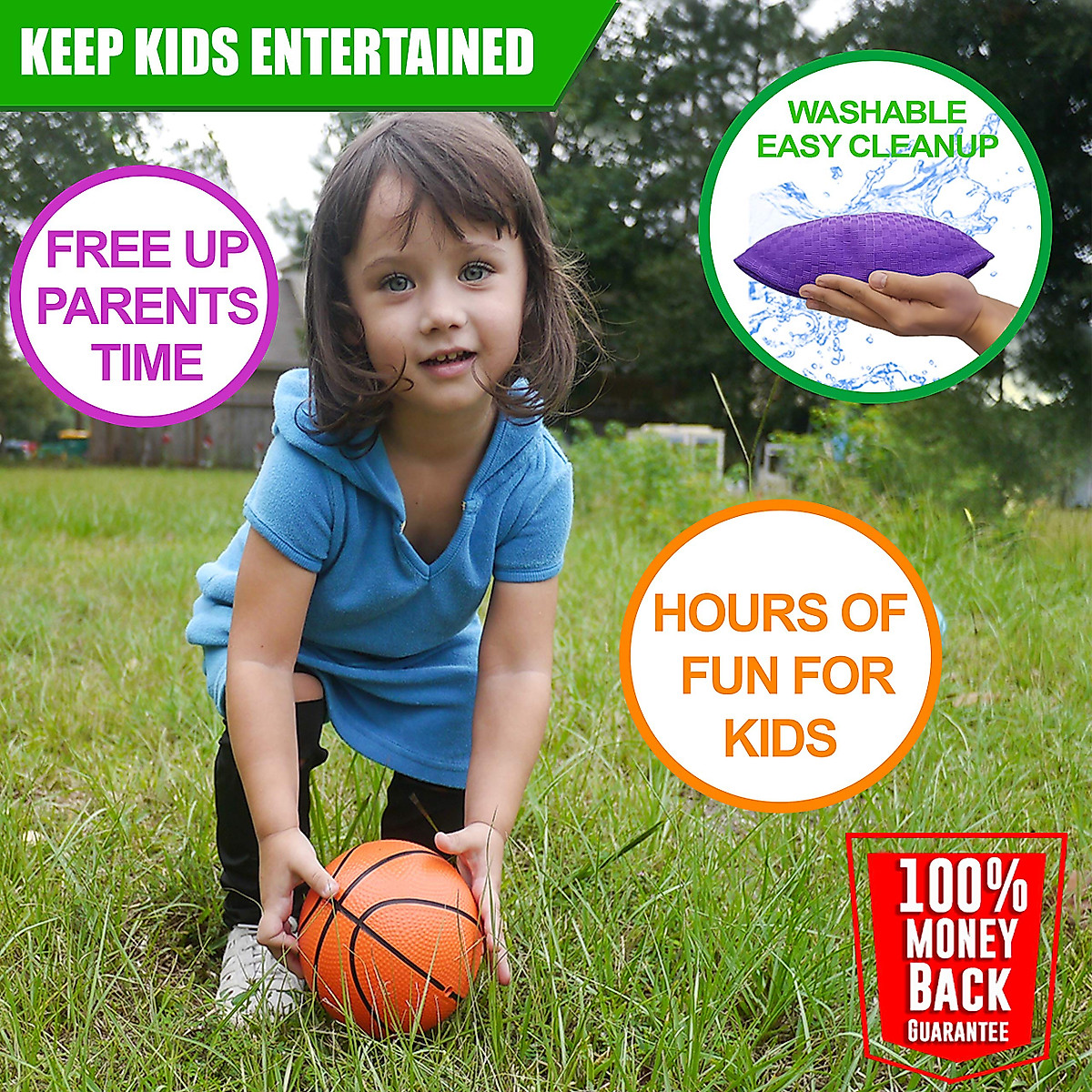 Full Set 6 Sports Balls with 1 Pump 5" Soccer, 5" Basketball, 5" Volleyball, 5" Playground, 5" Knobby Ball, and 6.5" Football - Best Toy Gifts for Kids (Pack of 6)