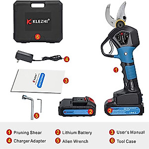 K KLEZHI Professional Cordless Electric Pruning Shears with 2 PCS Backup Rechargeable 2Ah Lithium Battery Powered Tree Branch Pruner Branch Cutter, 30mm (1.2 Inch) Cutting Diameter