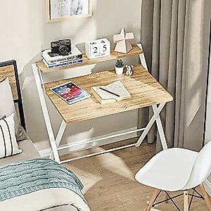 GreenForest Folding Desk No Assembly Required Fully Unfold 32 x 24.5 inch, 2-Tier Small Computer Desk with Shelf Space Saving Laptop Study Foldable Table for Small Spaces, Oak
