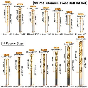 uxcell 99pcs Titanium Twist Drill Bit Set 14 Sizes 1/17"- 37/94" Drilling Dia High Speed Steel Drills for Hardened Metal, Stainless Steel, Cast Iron, Wood, Plastic with Case