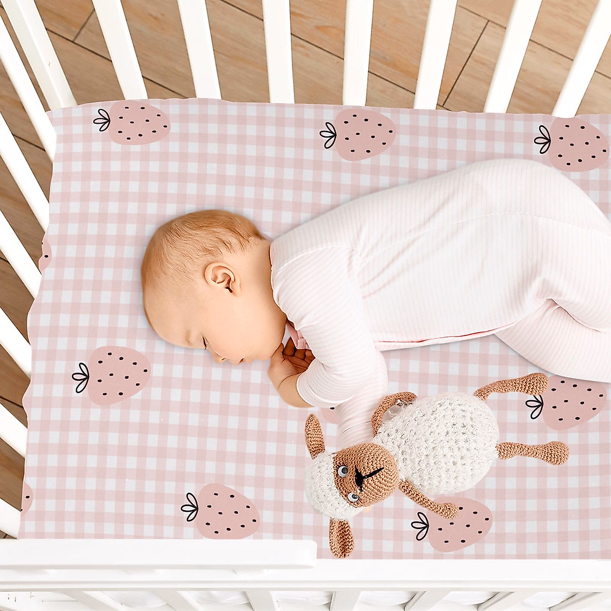 KICPOAY Fitted Crib Sheets Plaid and Strawberry Pink Stretchy Portable Playard Sheets for Baby Toddler, Breathable Soft Mini Crib Mattress 39 x 27 in for Boys and Girls