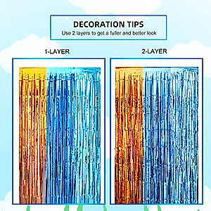 LOLStar Blue Dog Foil Fringe Curtains, Blue Dog Birthday Party Supplies, 2 Packs of 3.3x6.6 ft Orange Blue and Light Blue Tinsel Photo Booth Prop, Streamer Backdrop for Blue Dog Theme Party Decoration