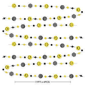 One Happy Dude Paper Garland for 1st Birthday Decorations Boy - Pre-Strung Smiley Face String Banner with Checkered, Perfect Hanging Streamer Backdrop Idea for Cool Dude Birthday Party (44Ft)
