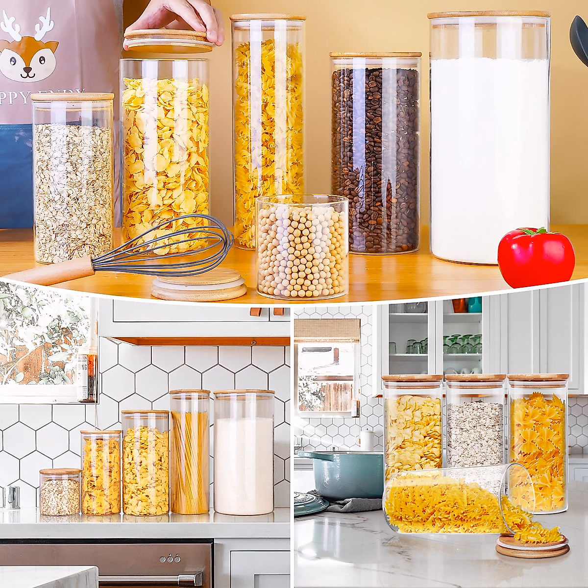 HomArtist Glass Jars with Bamboo Lids 180oz X2 & 79oz X3 & 53oz X4 [Set of 9], Glass Canisters with Airtight Lids, Glass Food Storage Containers