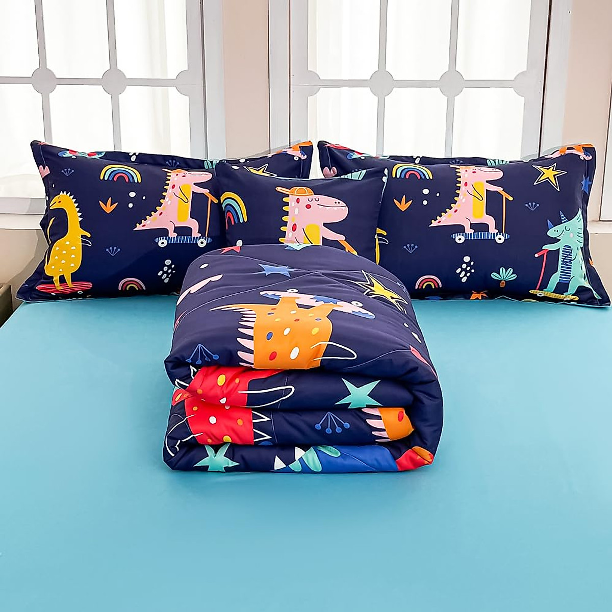 Megamayga Dinosaur Bedding Full Size for Boys 6 Pieces Dinosaur Comforter Set Full for Kids Bed in A Bag Comforter Set with Blue Sheets Stars Rainbow Print 3D Dino Bedding Skateboard Dinosaur Bed Set