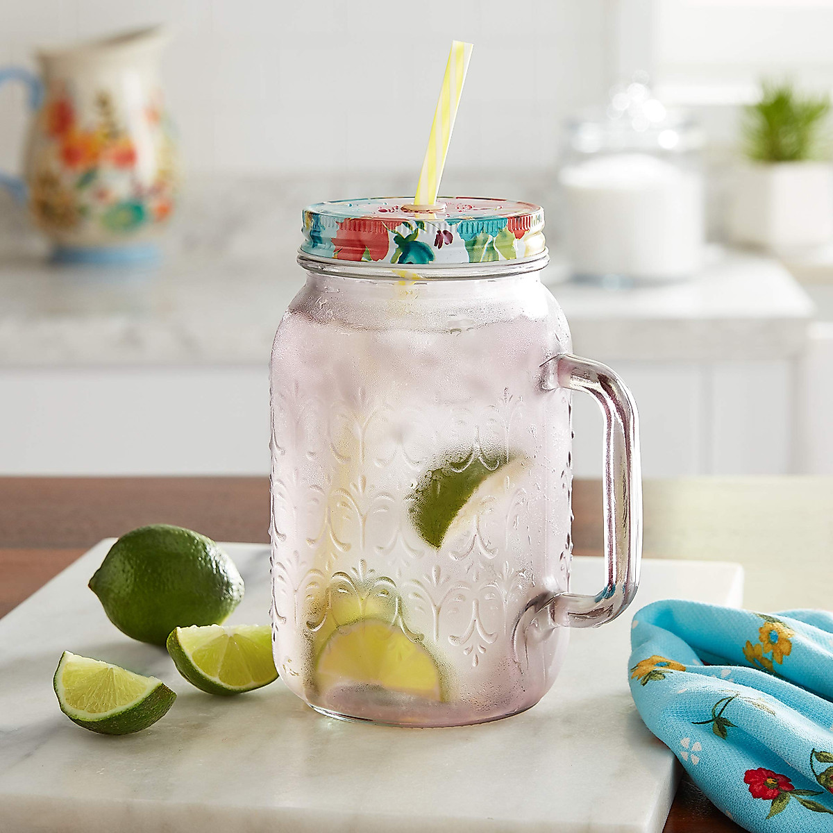 The PioneerWoman Sunny Day Mason Jar Drinking Glass With Lid, 32oz