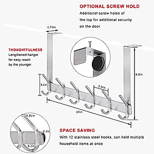 YUMORE Over The Door Hooks, SUS304 Stainless Steel Heavy Duty Door Hanger for Coats Robes Hats Clothes Towels, Hanging Towel Rack Organizer, Easy Install Space Saving Bathroom Hooks, Brushed Finish