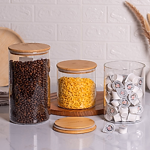 Laramaid 73oz 2Pack Glass Jar Canisters with Minimalist Labels, Round Pantry Jars with Bamboo Lids, Vinyl Customized Labels and White Pen, Food Storage Containers for Home, Kitchen and Pantry