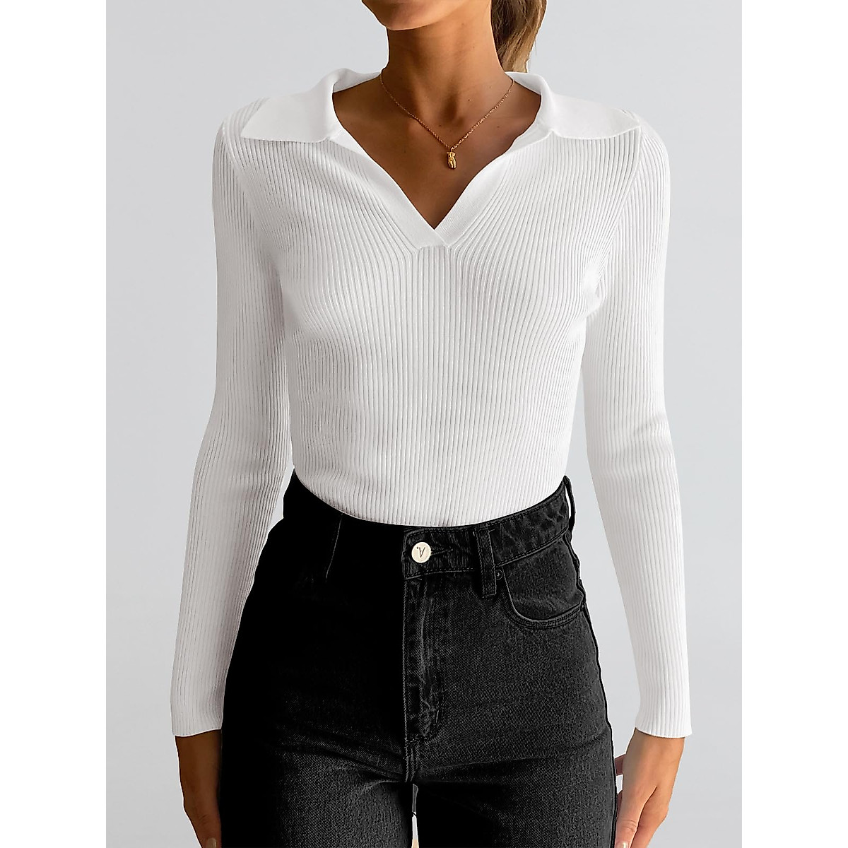 ANRABESS Women's 2024 Fall V Neck Shirts Long Sleeve Ribbed Knit Sweater Lapel Slim Fitted Casual Basic Tee Tops White Small