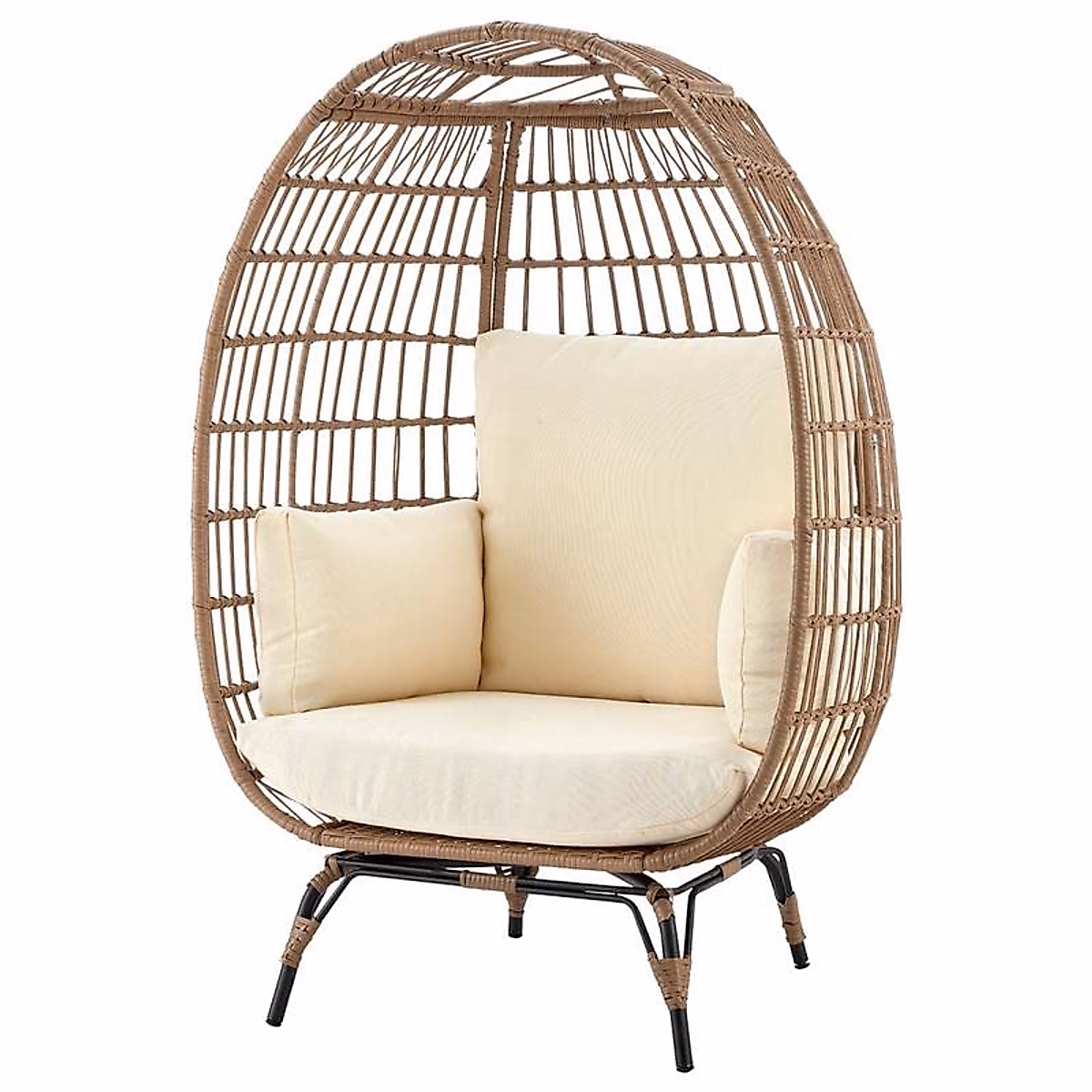 Manhattan Comfort Spezia Freestanding Steel and Rattan Outdoor Egg Chair with Cushions, Tan and Cream