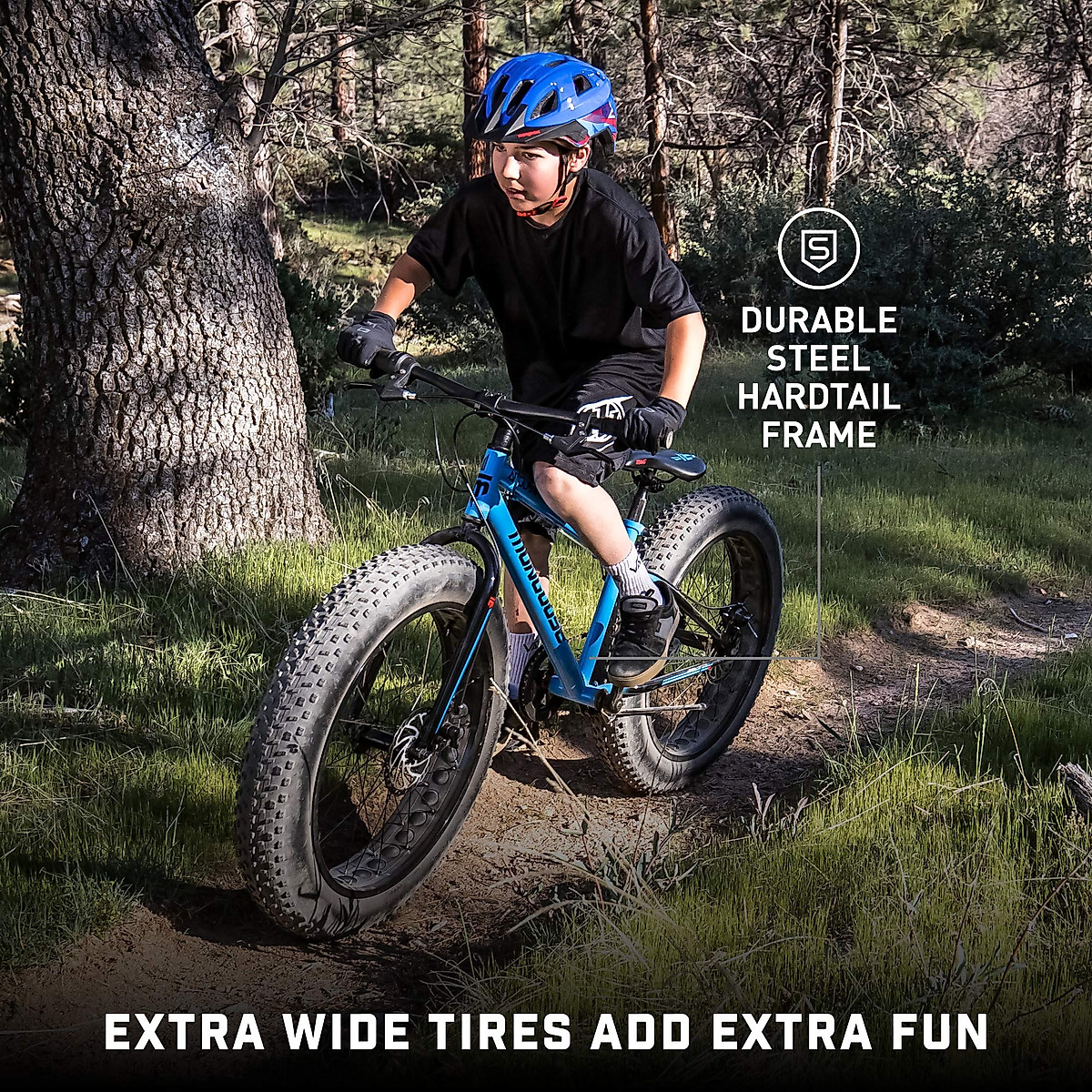 Mongoose Argus ST Fat Tire Mountain Bike for Youth Boys Girls, 24-Inch Wheels, Mechanical Disc Brakes, 12-Inch Steel Hardtail Frame, 7-Speed, Blue