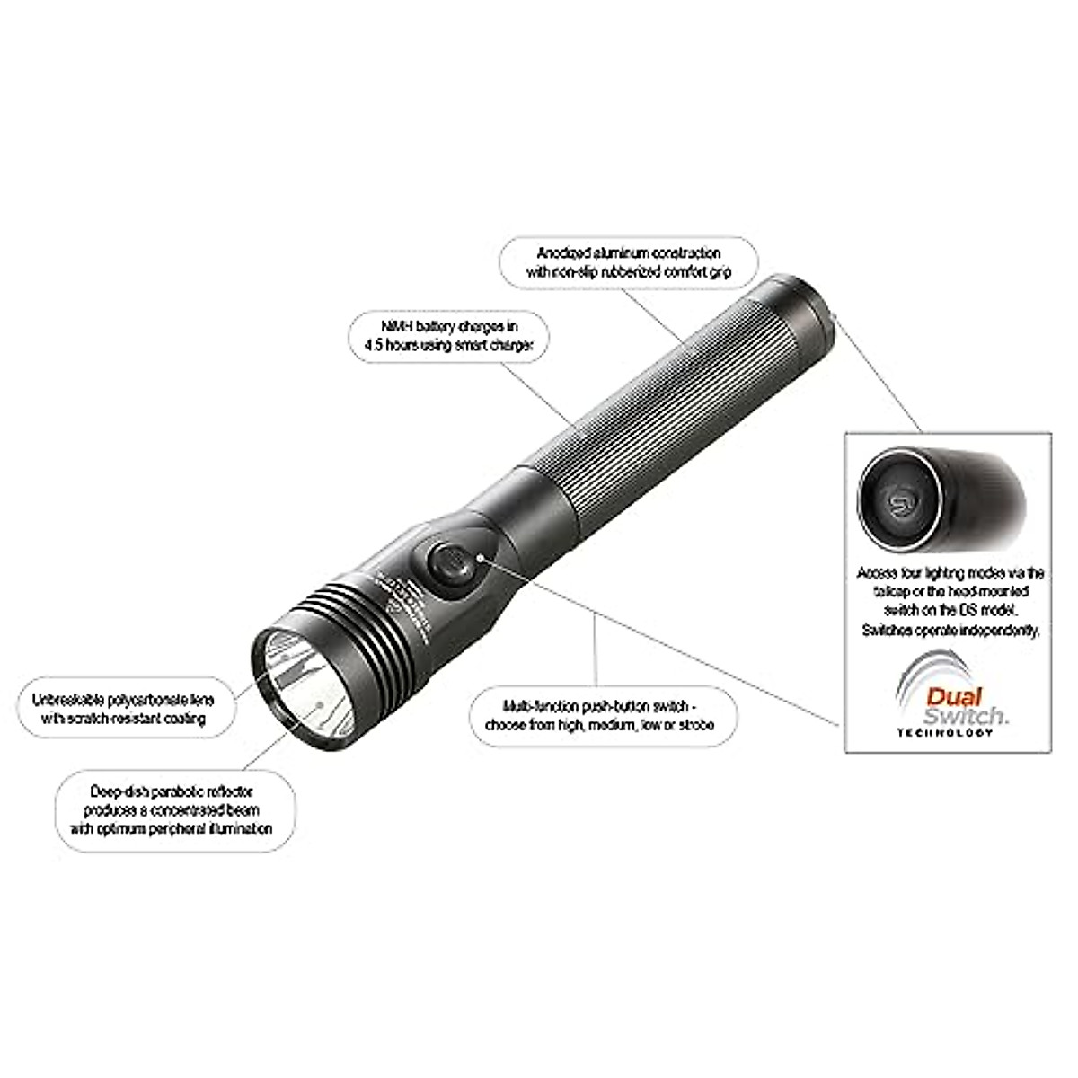 Streamlight 75458 Stinger DS LED HL 800-Lumen Rechargeable Dual Switch Flashlight with 120-Volt AC/12-Volt DC Smart Charge Piggyback Charger (NiMH), Black