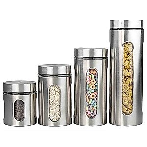 Kitchen Canisters By Home Basics | Retro-Styled For Kitchen Counter | Stainless Steel and Glass | With See-Through Windows (Silver), 4 Pieces, For Flour, Coffee, Sugar, and Dry Ingredients