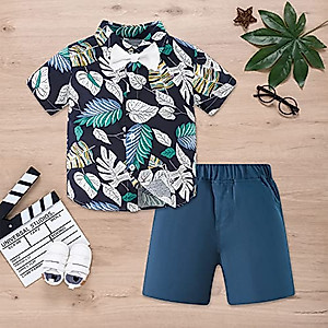 Yruiz Toddler Boy Hawaiian Outfit Set Baby Summer Floral Shirt with Bow-tie+Short Pants (Blue, 6-12 Months)