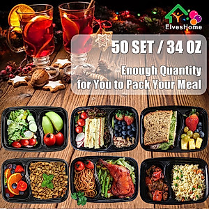 Meal Prep Container 2 Compartments, 50 Pack Meal Prep Container Microwave Safe, Food Storage Container with Lids, 34oz Disposable Bento Box To-Go Boxes Reusable Plastic Bento Lunch Box Dishwasher Safe