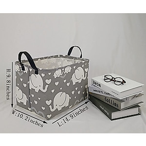 DUYIY Rectangle Canvas Storage Basket with Handle Large Organizer Bins for Dirty Laundry Hamper Baby Toys Nursery Kids Clothes Gift Basket (REC-love elephant)