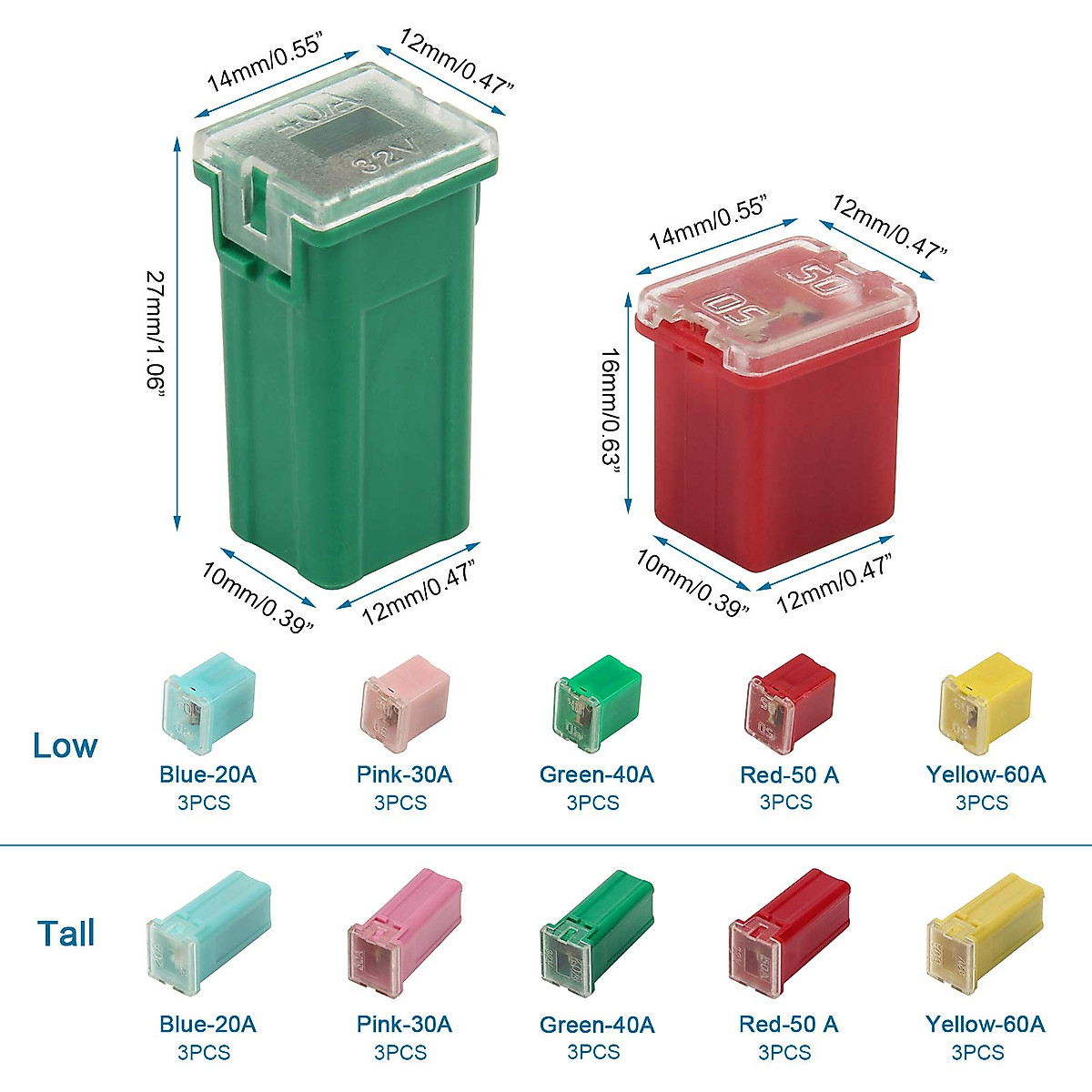 Coitak 30 PCS Car Fuses Assortment Kit, Automotive Combination Low and Tall Box Shaped Fuse Kit, Replacement Fuses for Car/RV/Truck/Motorcycle/Boat
