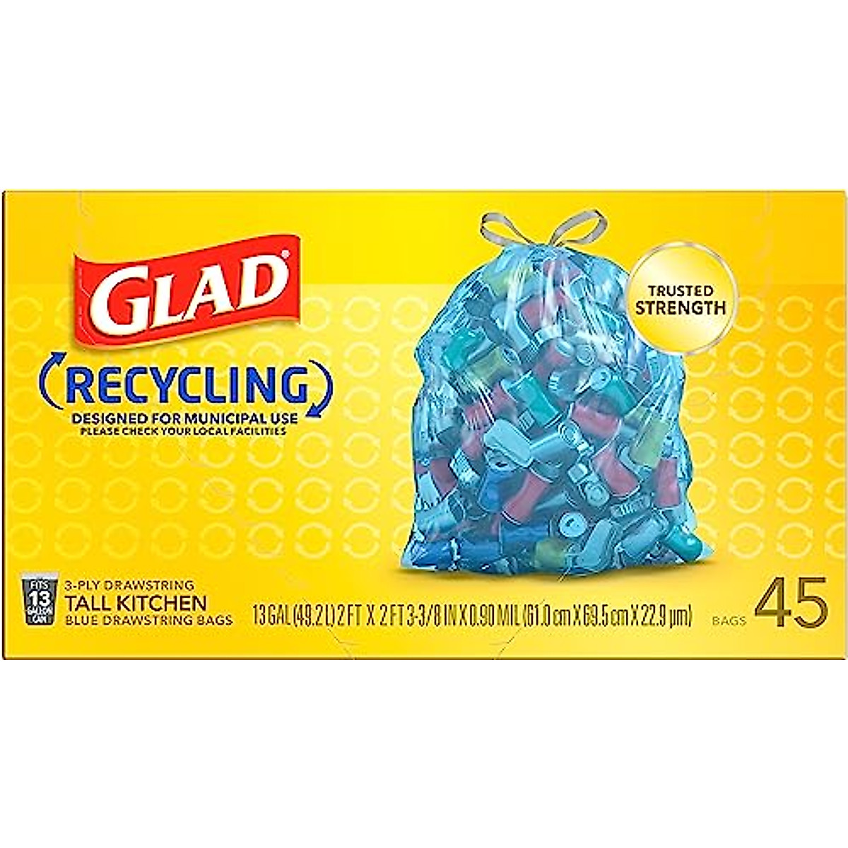 Glad Recycling Tall Drawstring Kitchen Trash Bags, Blue, 13 Gallon, 45 Count, Pack May Vary