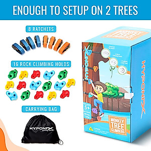 Hyponix Ninja Tree Climbing Kit – 16 Rock Climbing Holds & 8 Ratchets – Reinforced Rock Climbing Holds - Sets up Within Minutes - The Perfect Outdoor Toys for Kids 5-12