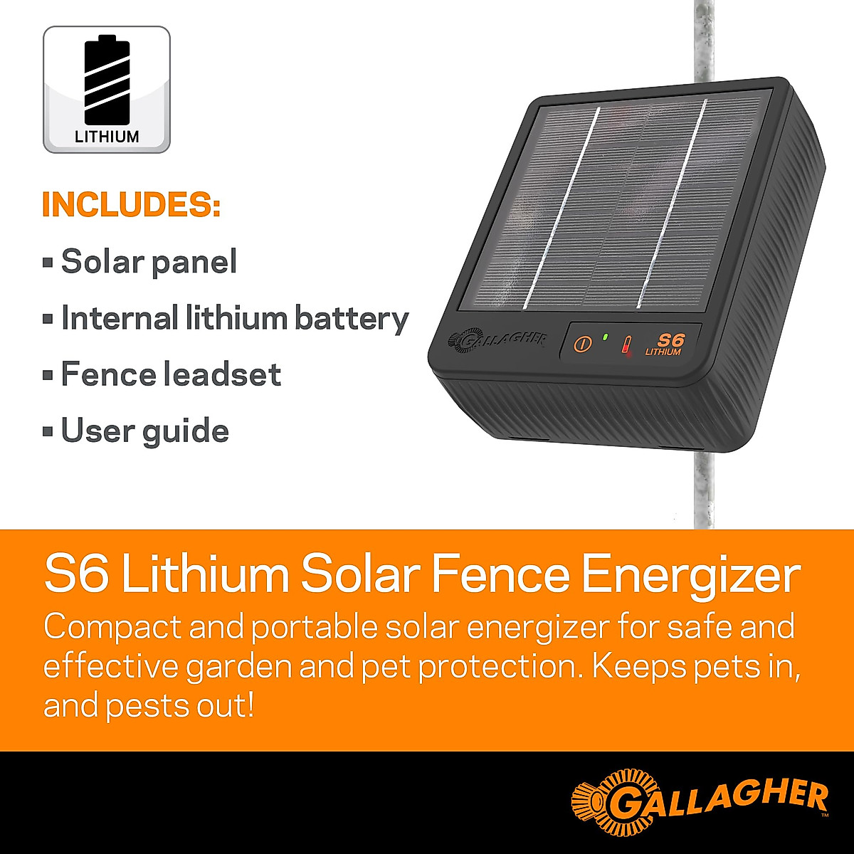 Gallagher S6 Solar Electric Fence Charger | Protect Your Backyard and Pets | Solar Lithium Technology, 0.06 Stored Joule Energizer | Unique Post Mounting System | Portable and Super Tough