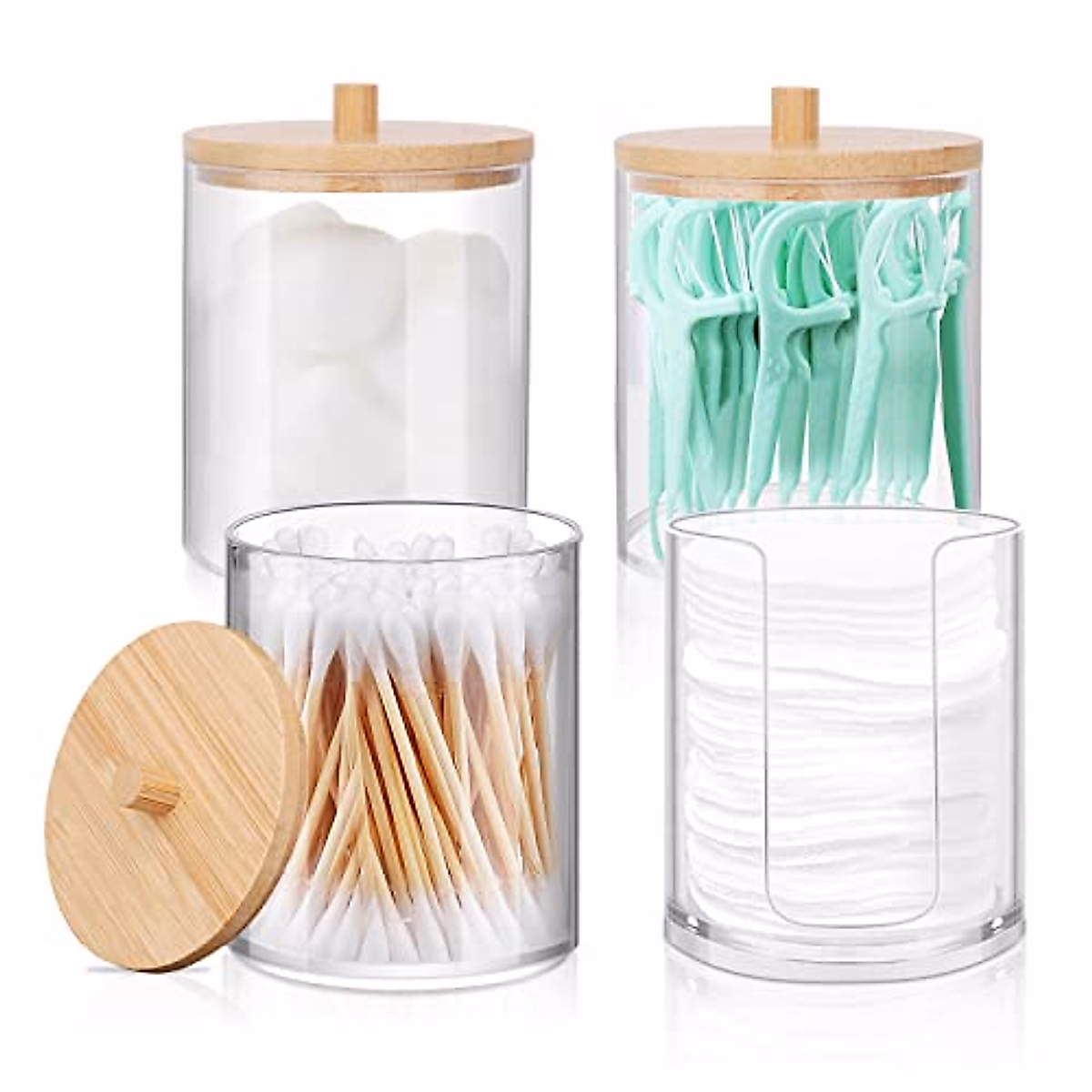 TCJJ 4 Pcs, 10 OZ Qtip Holder and Cotton Round Holder Set Apothecary Jars with Bamboo Lids, CLear Plastic Cotton Ball Pad Swab Holder for Bathroom Accessories Storage Organization