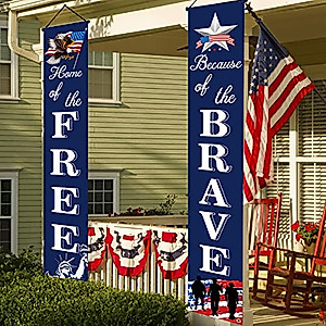 American Flag Patriotic Soldier Porch Sign Banners -“HOME of the FREE” and “Because of the BRAVE”- Hanging Banner for 4th of July Decor/ Independence Day/ Memorial Day/ Veterans Day/ Labor Day