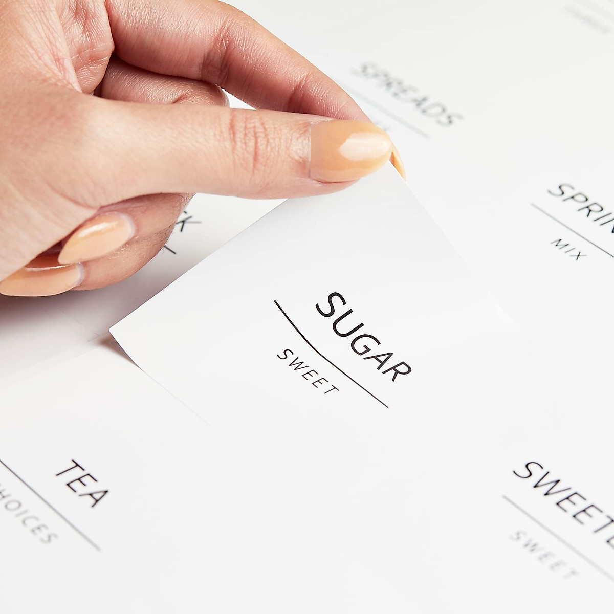 Talented Kitchen 144 Fine Line Pantry Organization Labels for Food Storage Containers, Preprinted Black All Caps on Matte White Vinyl Stickers + Numbers for Minimalist Kitchen (Water Resistant)