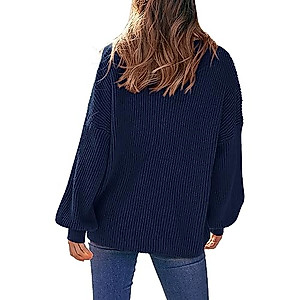 PRETTYGARDEN Long Sleeve Oversized Sweaters for Women Fall 2023 Crew Neck Solid Color Casual Knit Pullover Sweater Tops (Navy,Small)