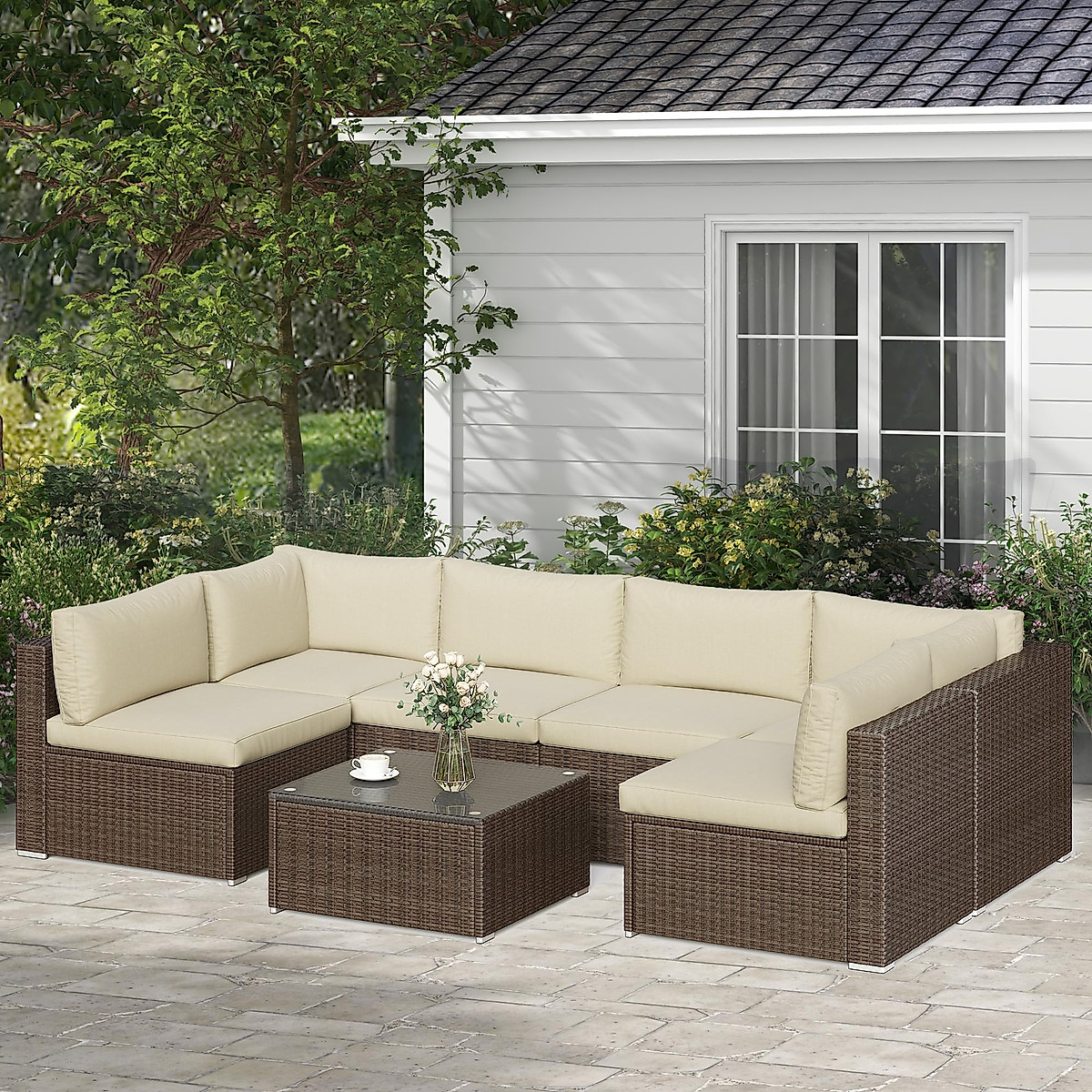 SUNVIVI OUTDOOR 7 Piece Patio Sectional Sofa Outdoor All Weather Brown PE Wicker Furniture Set, Paito Conversation Sofa Set with Glass Table, Removable Beige Cushions