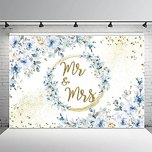 MEHOFOND 7x5ft Blue Floral Backdrop for Mr and Mrs Engagement Party Decorations Couples Wedding Golden Dots Glitter Photography Background Anniversary Ceremony Bridal Shower Banner Photo Booth Props