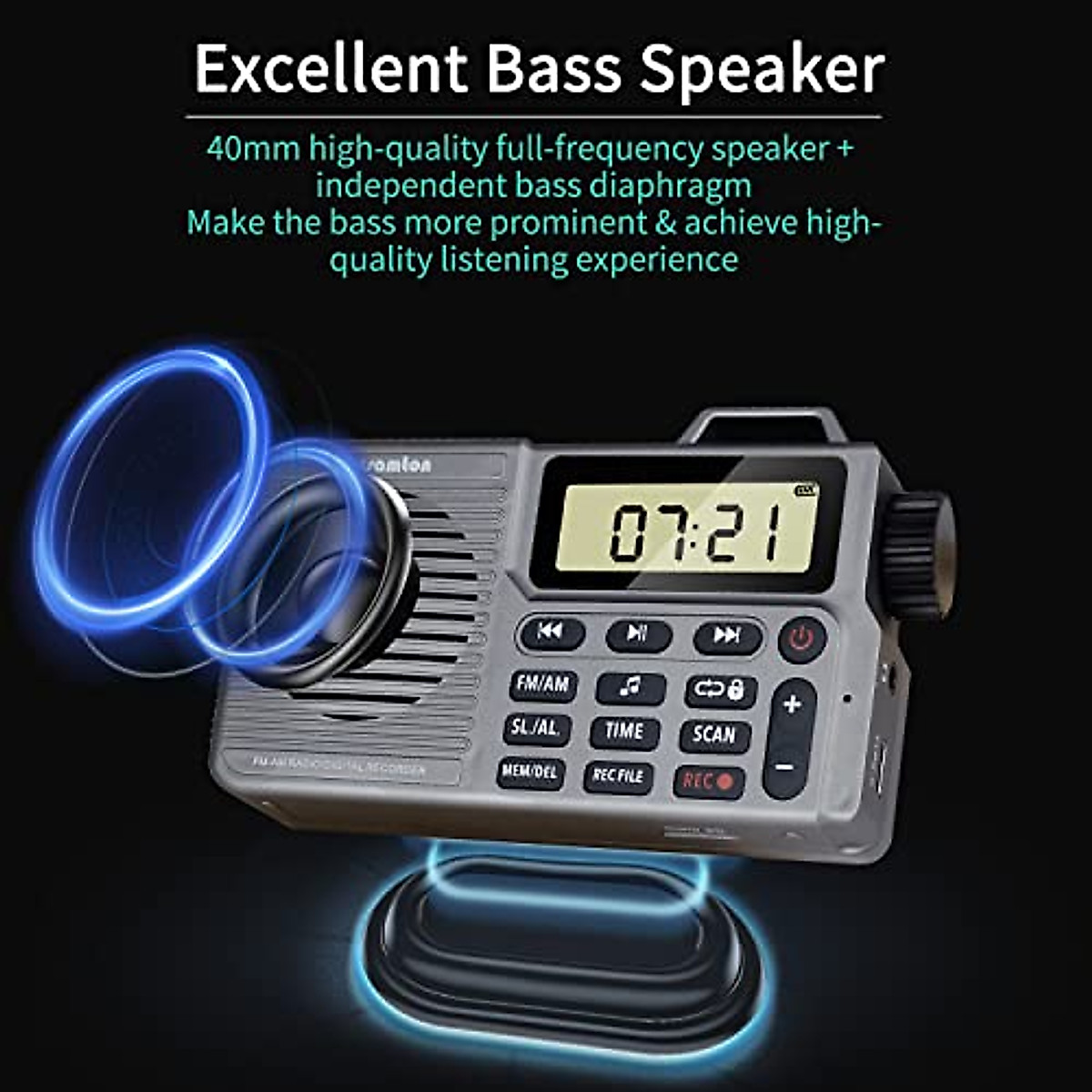 Portable AM/FM Radio, Small Pocket Radio with Bluetooth, Bass Speaker, Support Micro SD Card and Record, Long Battery Life, Alarm and Sleep Function