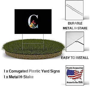 Floral Monogram Letter C Blue Ink Lettering Lawn Yard Signs Alphabet Letter Corrugated Sign for Garage Sales Rent Open House Construction 12"x18"