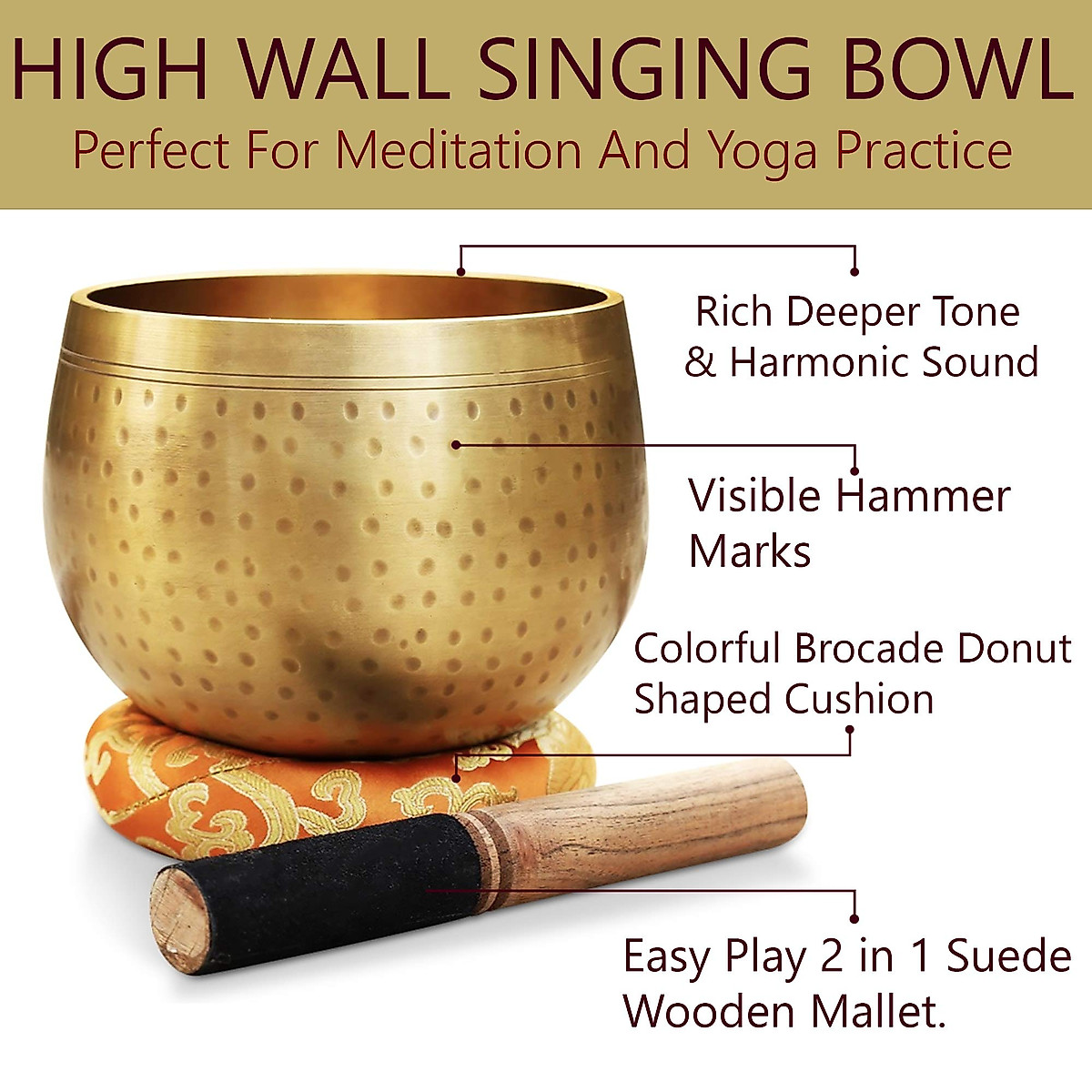 DharmaObjects Tibetan Ring Gong Meditation Singing Bowl Mallet Cushion Set (Jumbo)