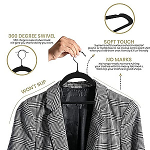 Velvet Hangers 50 Pack, Non Slip Hangers Space Saving with 360 Degree Chrome Swivel Hook, Smooth Heavy Duty Clothes Hangers for Skirts Coats Pants Scarves Shirts Laundry, Hold up to 10 Lbs, Black
