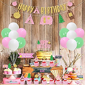 Girl Camping Party Decorations - Pink Camping Party Decorations with Happy Birthday Camping Backdrop, Cake Topper, Banner Garland, Cupcake Topper for Camping Themed Birthday Party Supplies