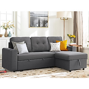 IULULU L Shaped Sectional Sofa, 82 Inch Convertible Sleeper Couch with Pullout Bed, Storage Chaise, Cupholders, 2 in 1 Pull Out Couch for Living Room, Apartment, Charcoal Grey