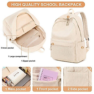 School Backpack for Teens Large Corduroy Bookbag Lightweight 17 inch Laptop Bag for Girls Women Casual High School College (Corduroy-Beige)