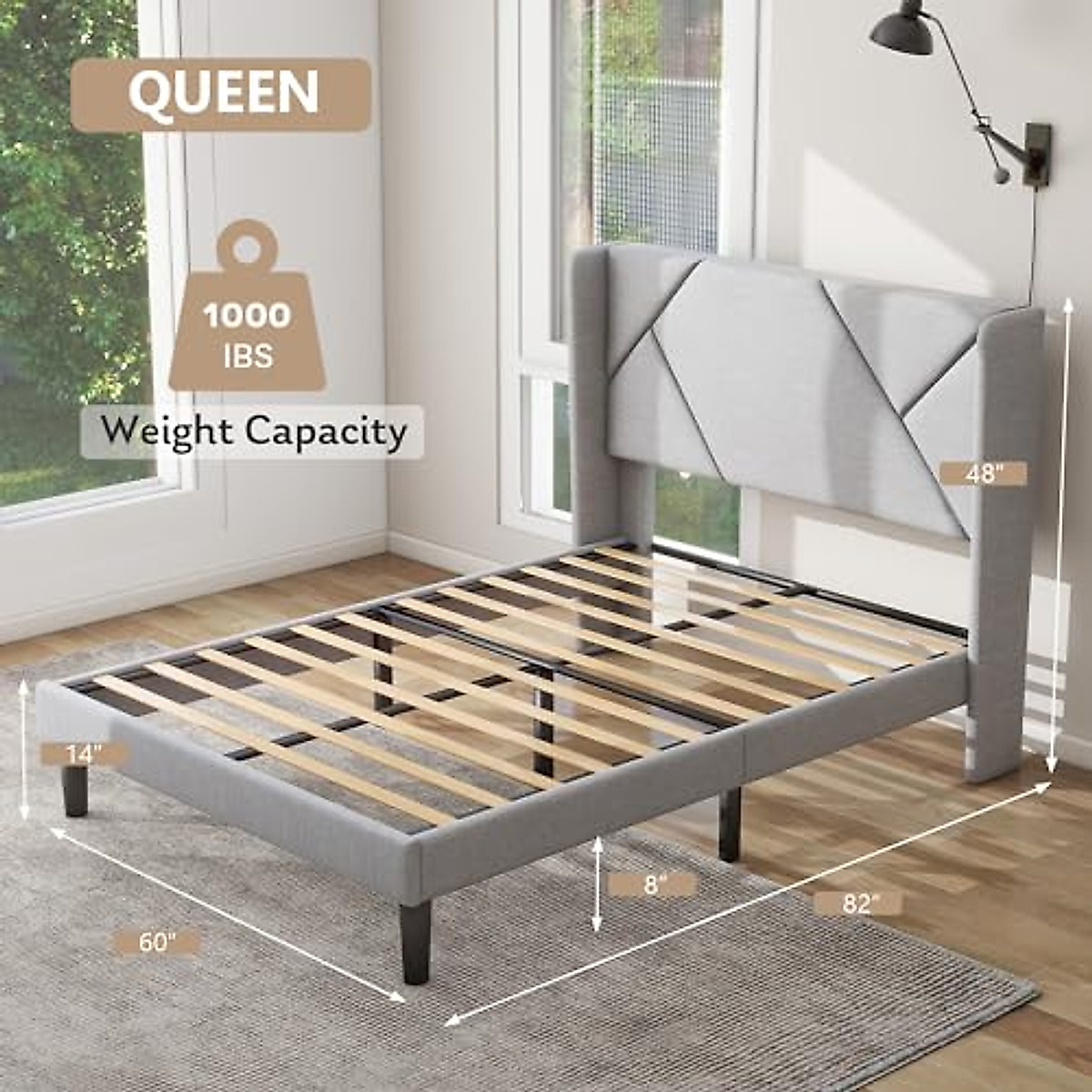 QIAYA Bed Frame Queen Size Upholstered Platform with Fabric Wingback Headboard/12 Solid Wooden Slats, Non-Slip and Noise-Free, No Box Spring Needed, Light Gray