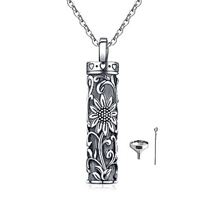 Fryneauy Sunflower Cylinder Bar Necklace for Ashes, 925 Sterling Silver Pendant Keepsake for Women