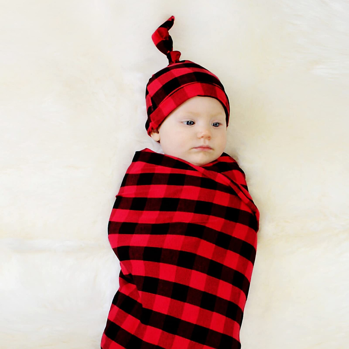 ZOONAI Red and Black Plaid Swaddle Blanket Baby Newborn Receiving Blanket Infant Sleeping Cloth Wrap with Hat (Red Black)