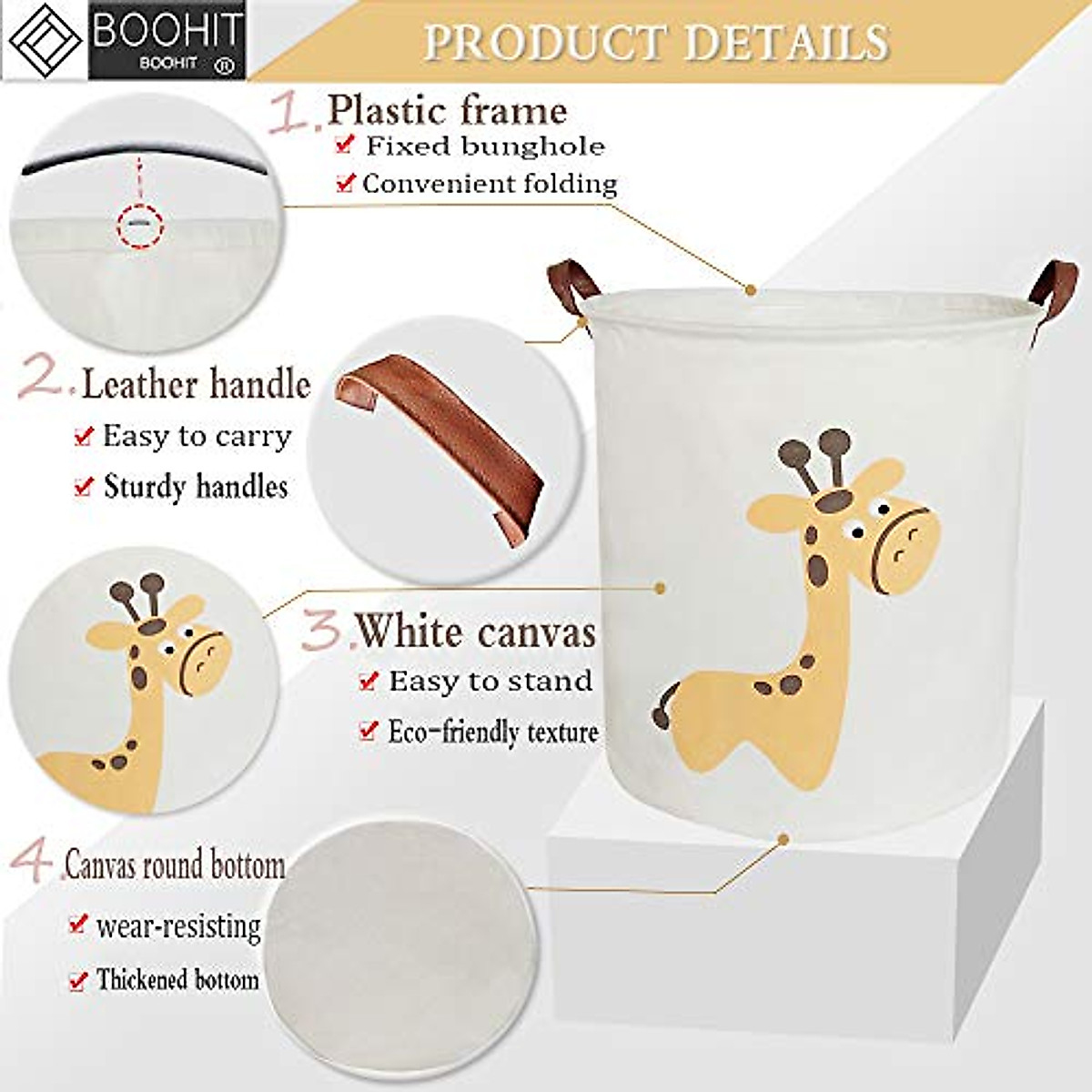 BOOHIT Storage Baskets,Canvas Fabric Laundry Hamper-Collapsible Storage Bin with Handles,Toy Organizer Bin for Kid's Room,Office,Nursery Hamper, Home Decor (giraffe)